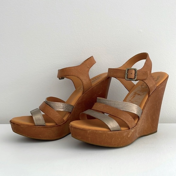 Kork-Ease | Shoes | Korkease Neutral Tan And Silver Metallic Strap High ...